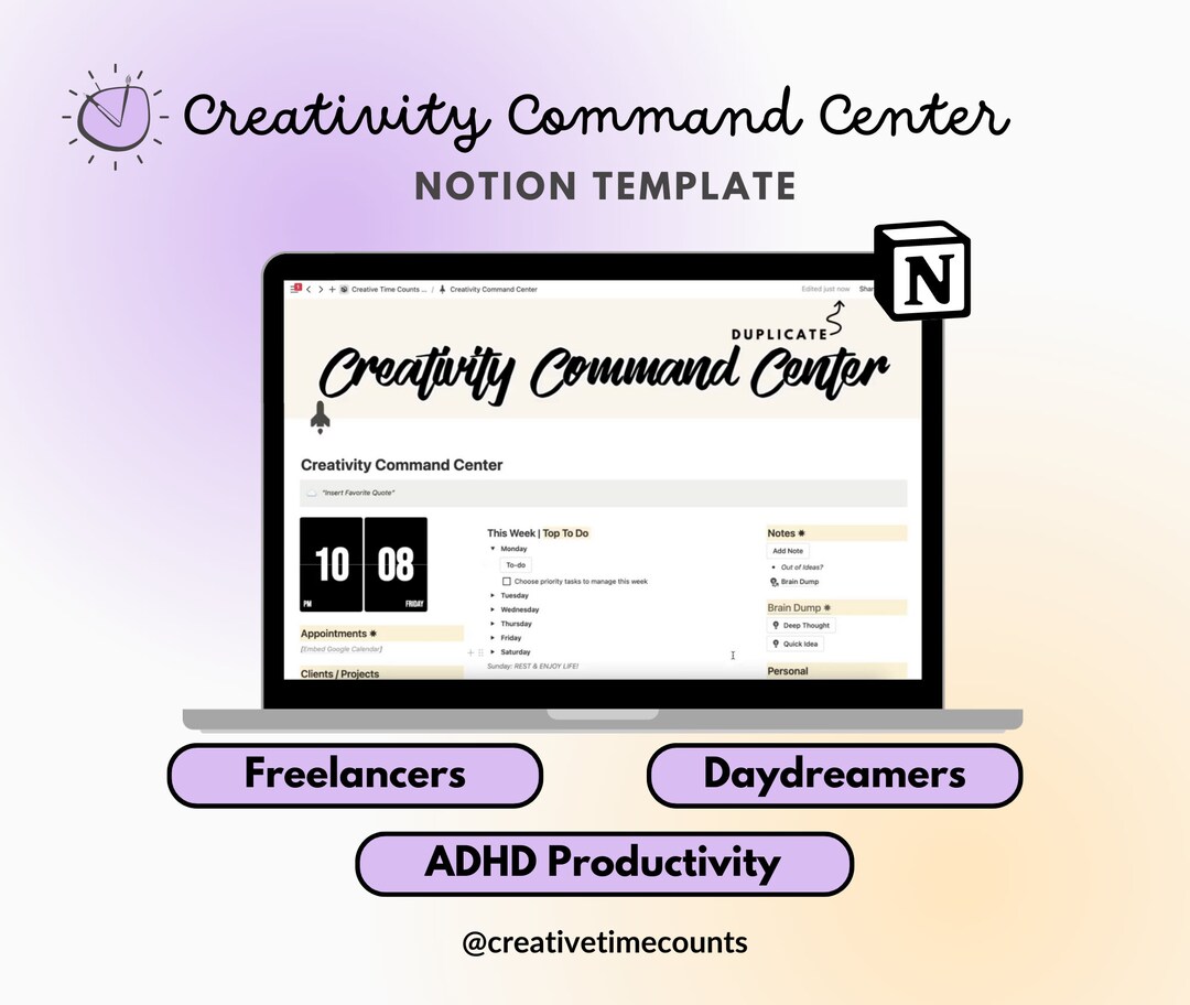 Notion Template, Creativity Command Center, Notion Template for ADHD, Notion Life Planner ...