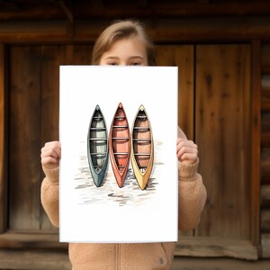 Colorful Canoes by the Shore - Colorful Canoes, Watercolor Print, Canoe ...