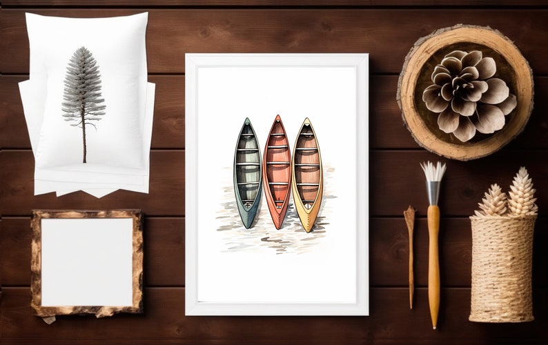 Colorful Canoes by the Shore - Colorful Canoes, Watercolor Print, Canoe ...