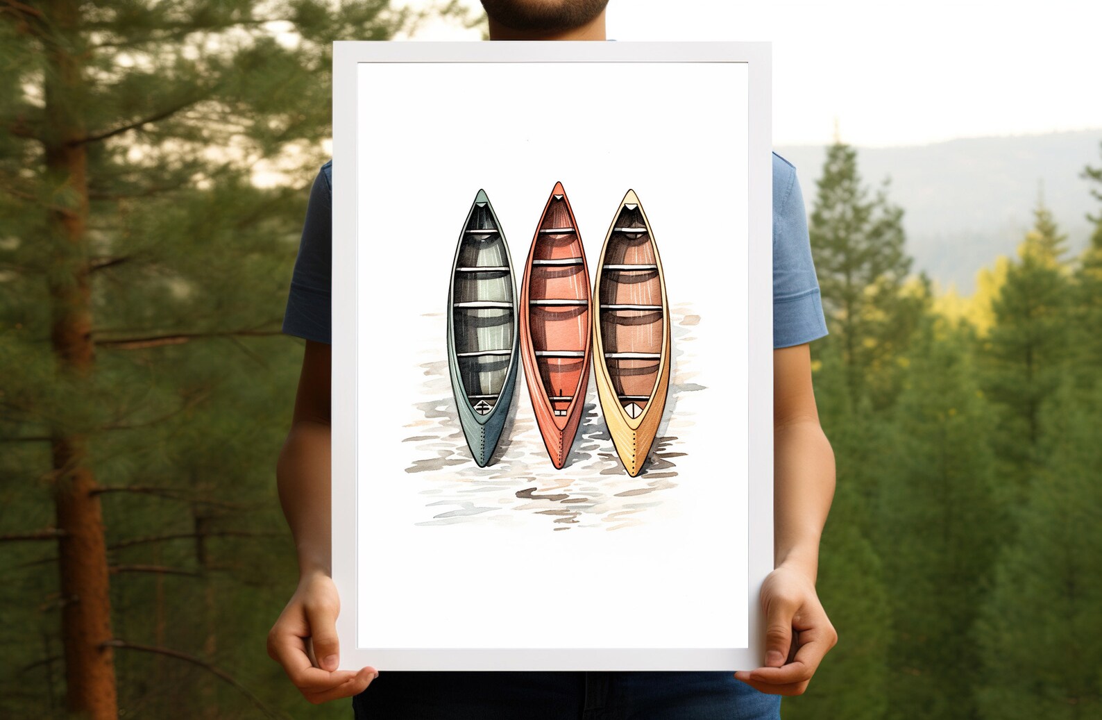 Colorful Canoes by the Shore - Colorful Canoes, Watercolor Print, Canoe ...