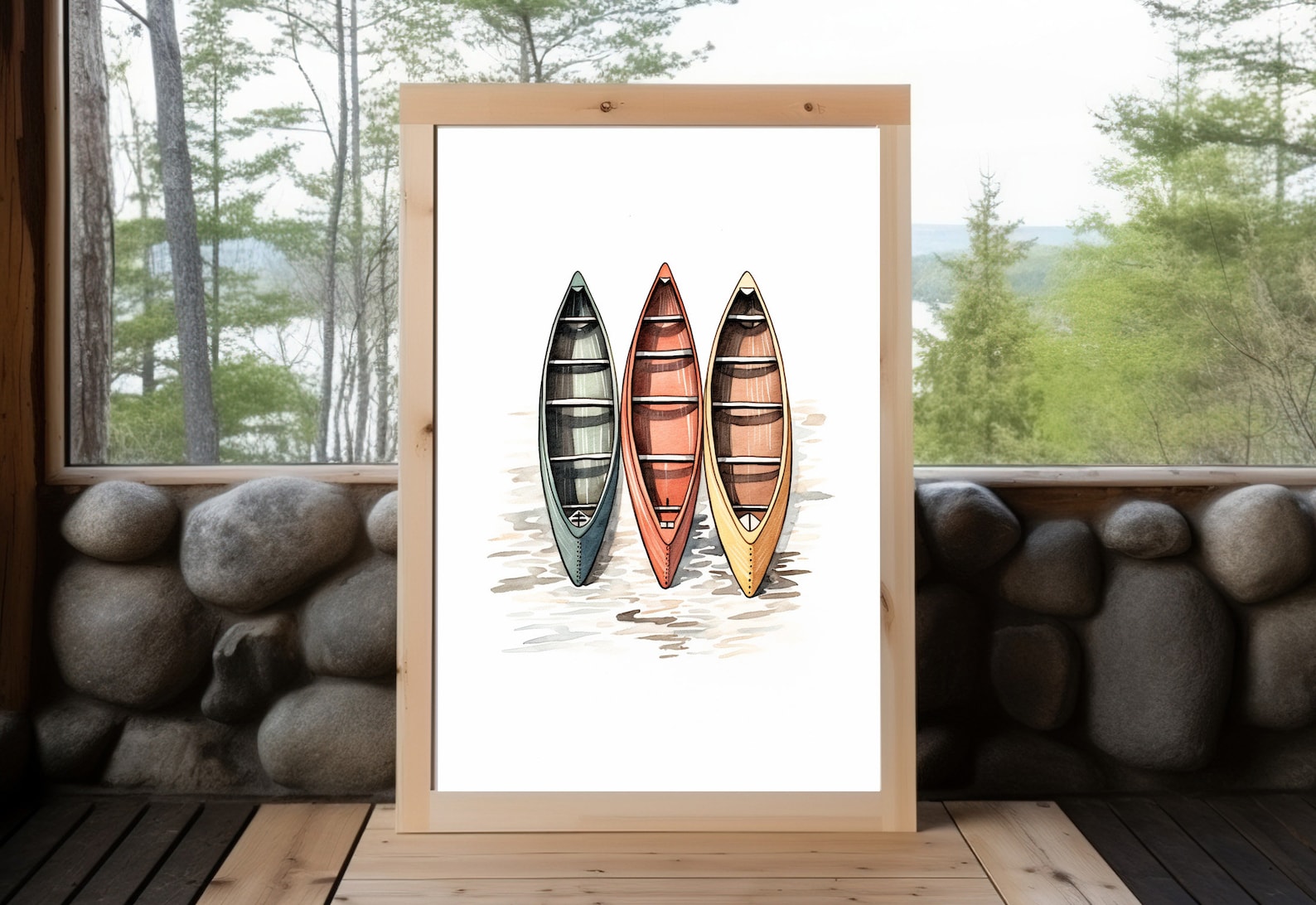 Colorful Canoes by the Shore - Colorful Canoes, Watercolor Print, Canoe ...