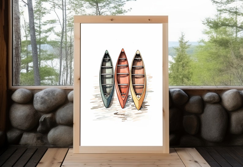 Colorful Canoes by the Shore Colorful Canoes, Watercolor Print, Canoe ...