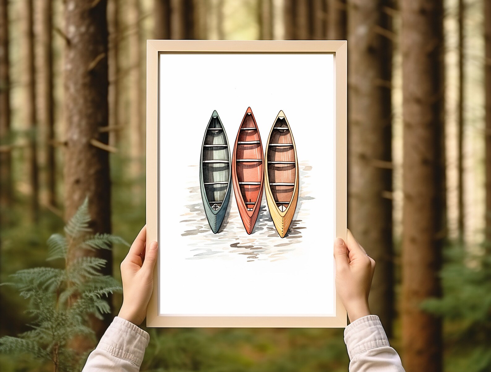 Colorful Canoes by the Shore - Colorful Canoes, Watercolor Print, Canoe ...