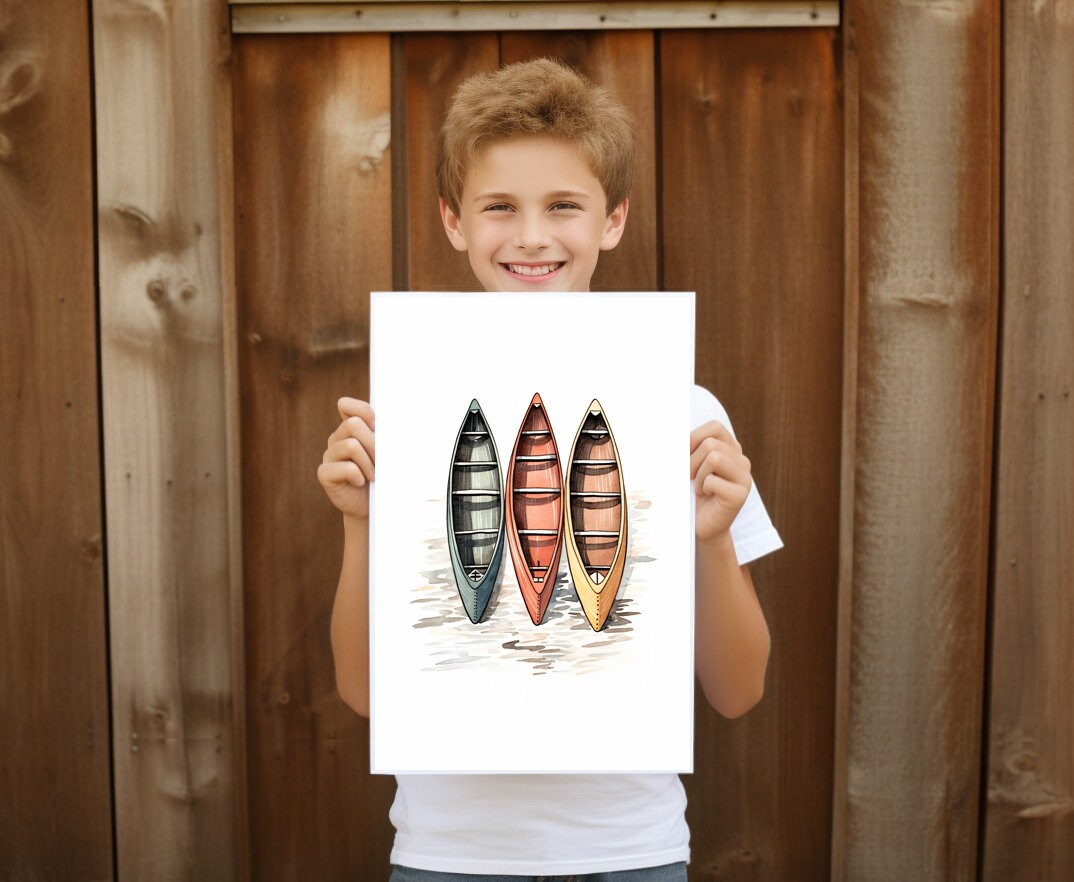 Colorful Canoes by the Shore Colorful Canoes, Watercolor Print, Canoe ...
