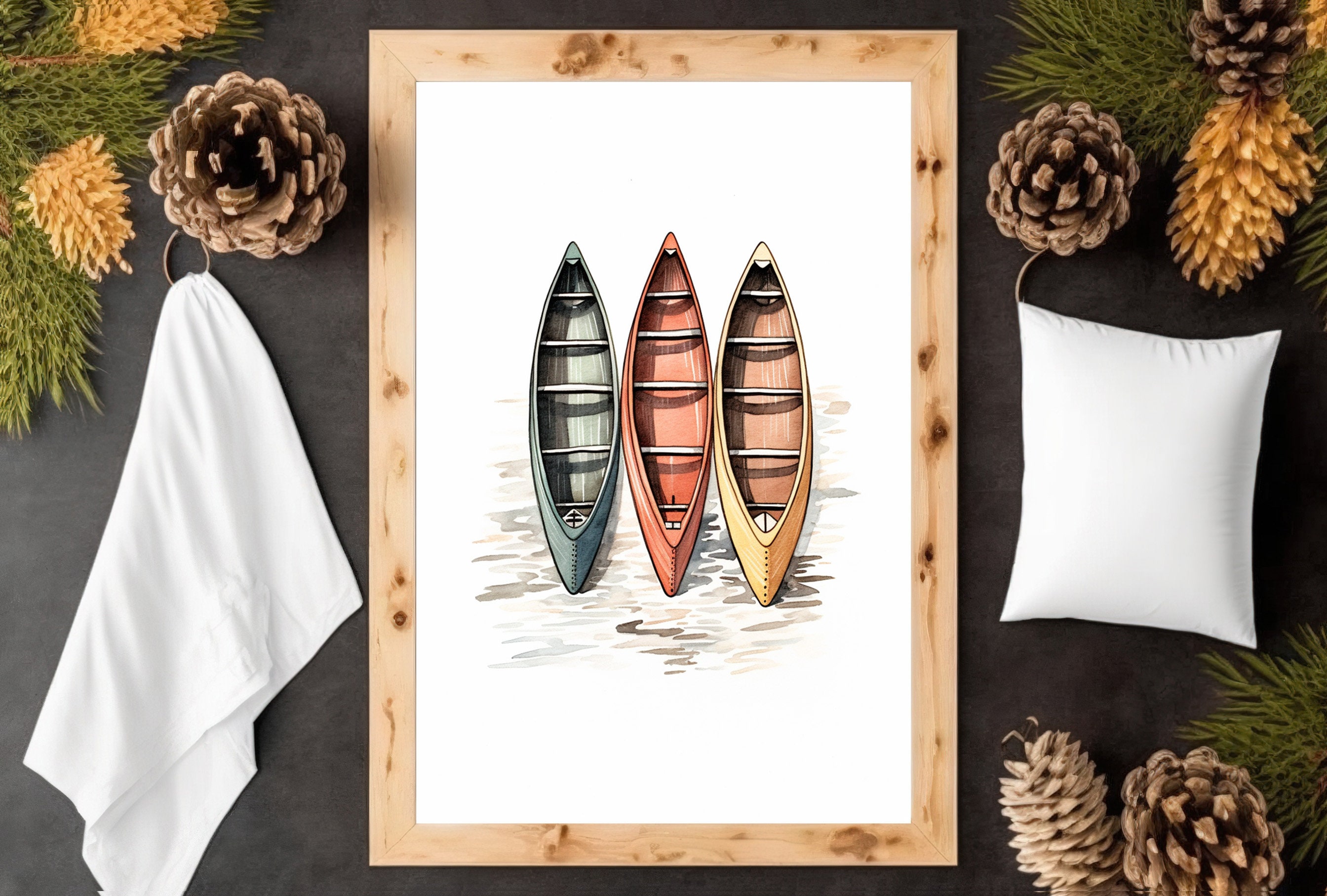 Colorful Canoes by the Shore Colorful Canoes, Watercolor Print, Canoe ...