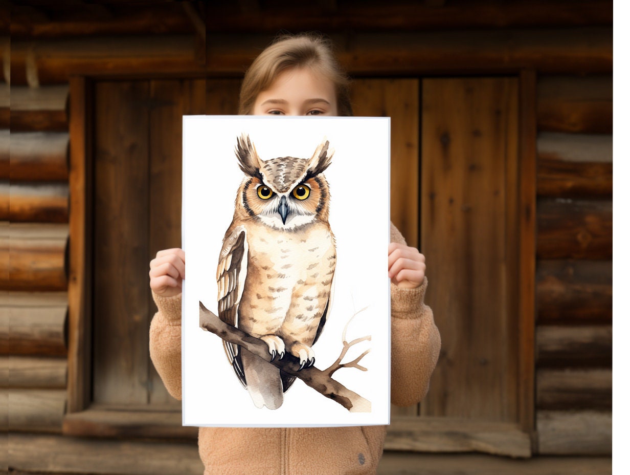 Great Horned Owl Watercolor Vintage Wildlife Watercolor Owl - Etsy