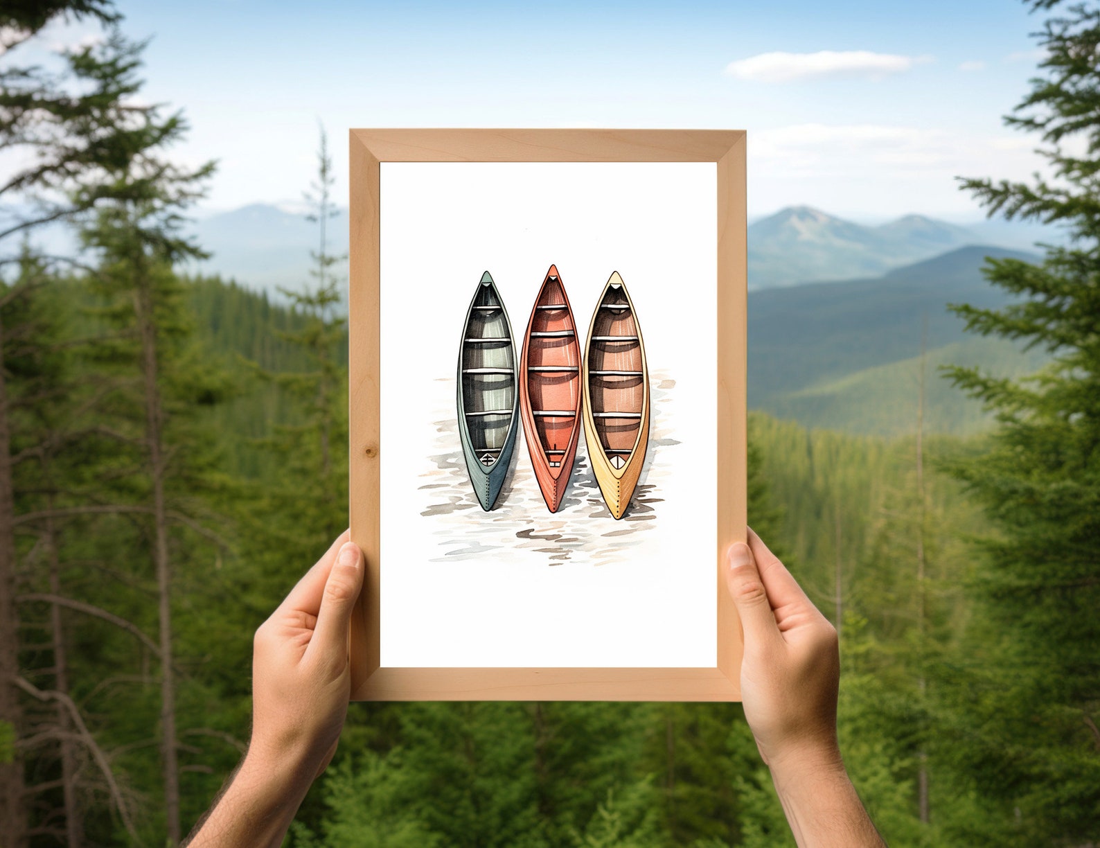 Colorful Canoes by the Shore - Colorful Canoes, Watercolor Print, Canoe ...