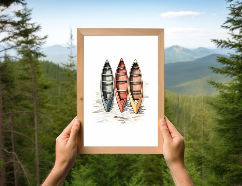 Colorful Canoes by the Shore - Colorful Canoes, Watercolor Print, Canoe ...