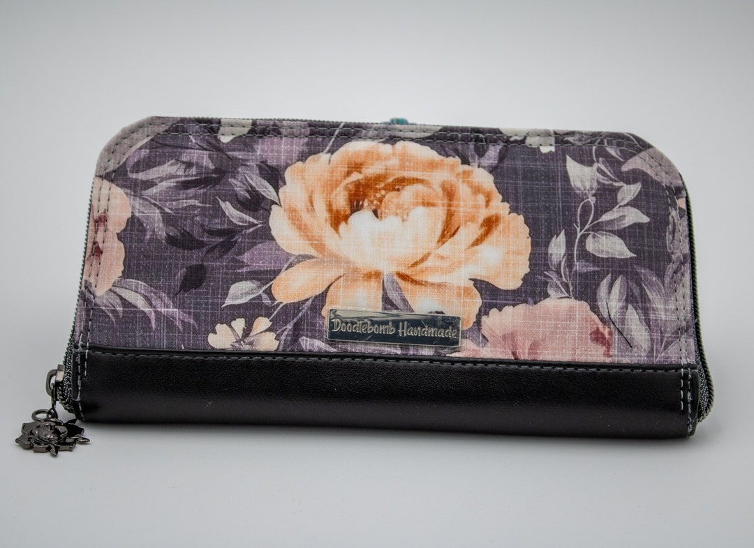 Weathered Flower Print Fabric Wallet, Classic Zip Wallet, Gift for ...