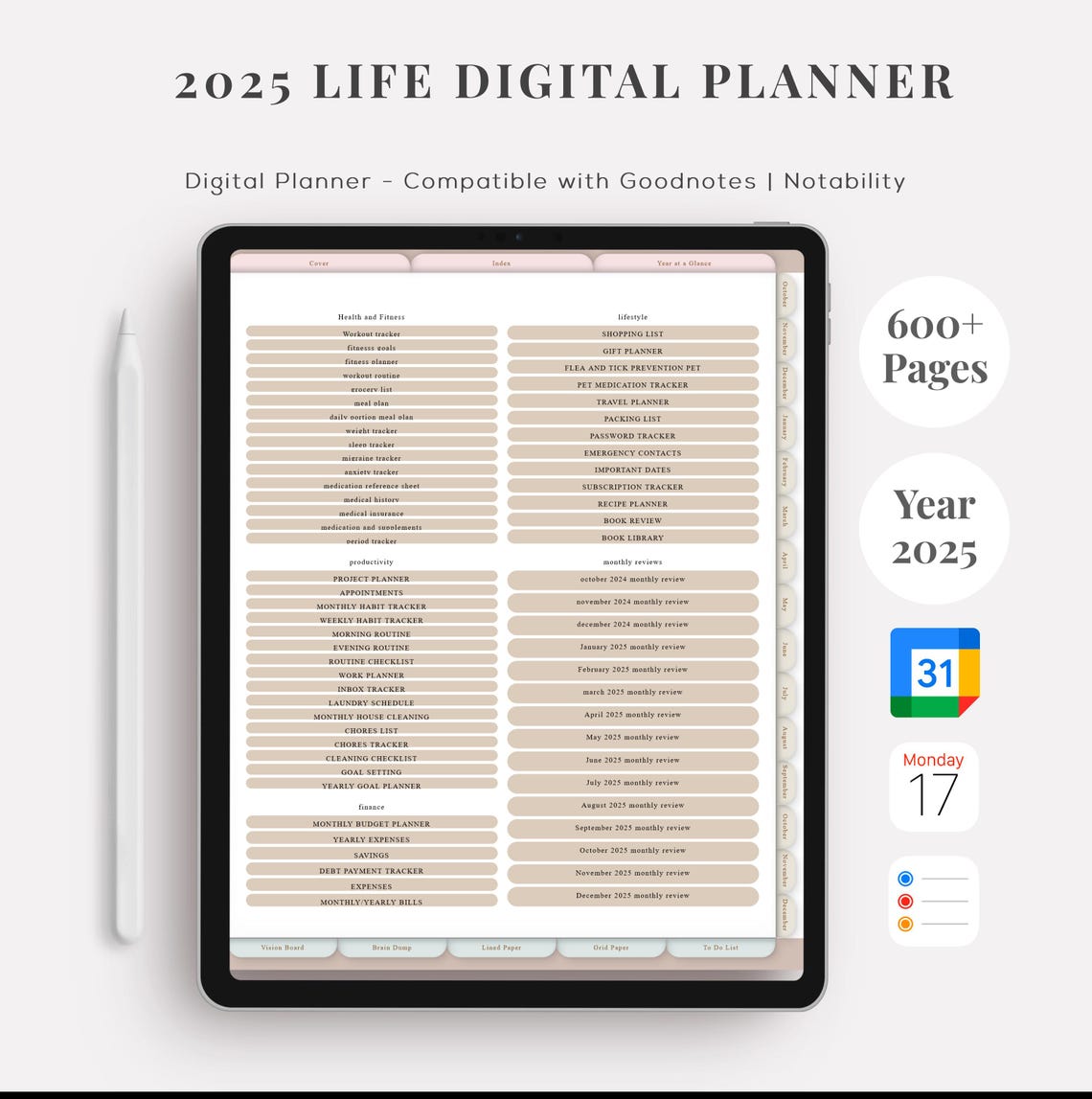 2025 Digital Planner All in One 620 Page Digital Life Planner Daily ...