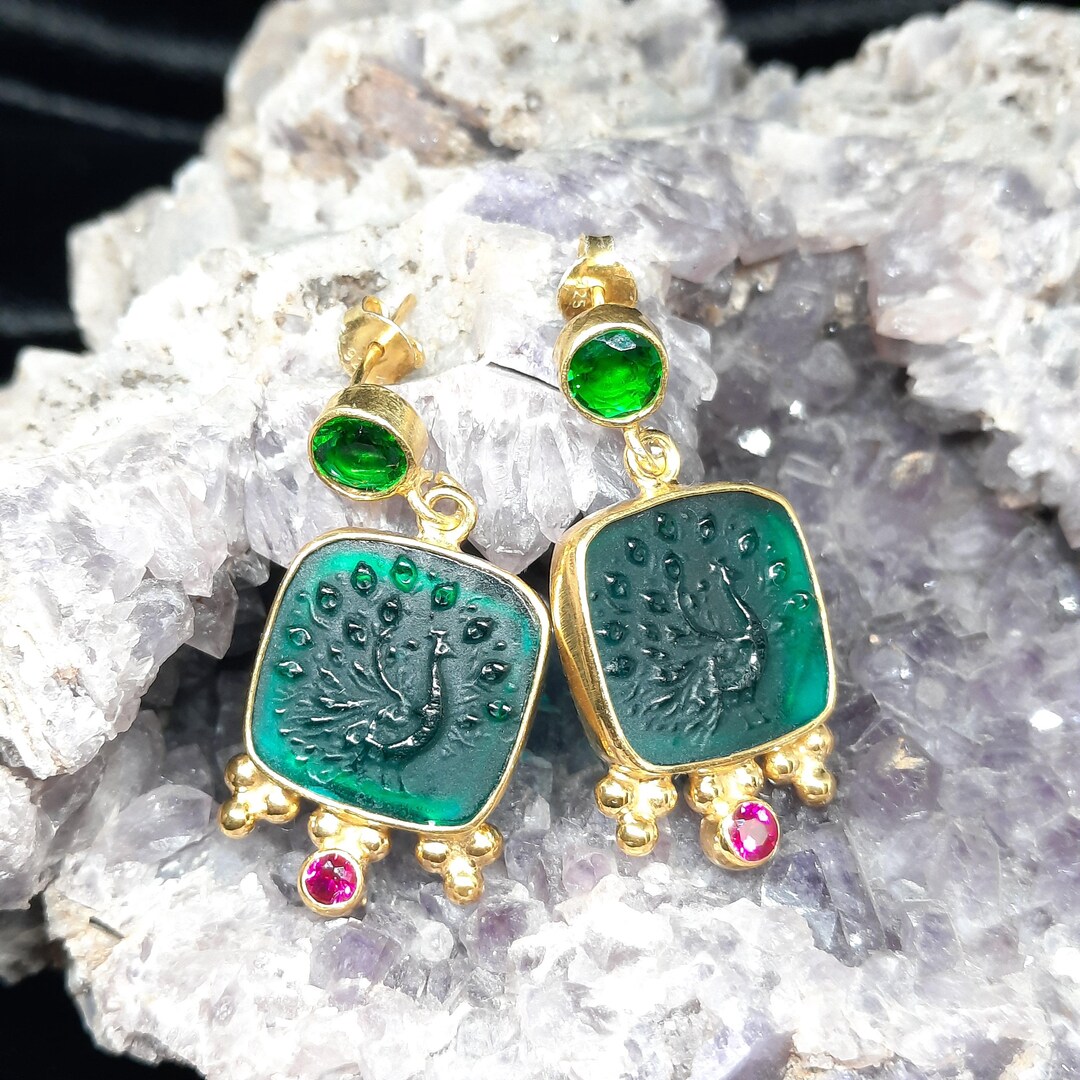 Ancient Greek Peacock With Zircon Glass Art Intaglio Silver Earring ...