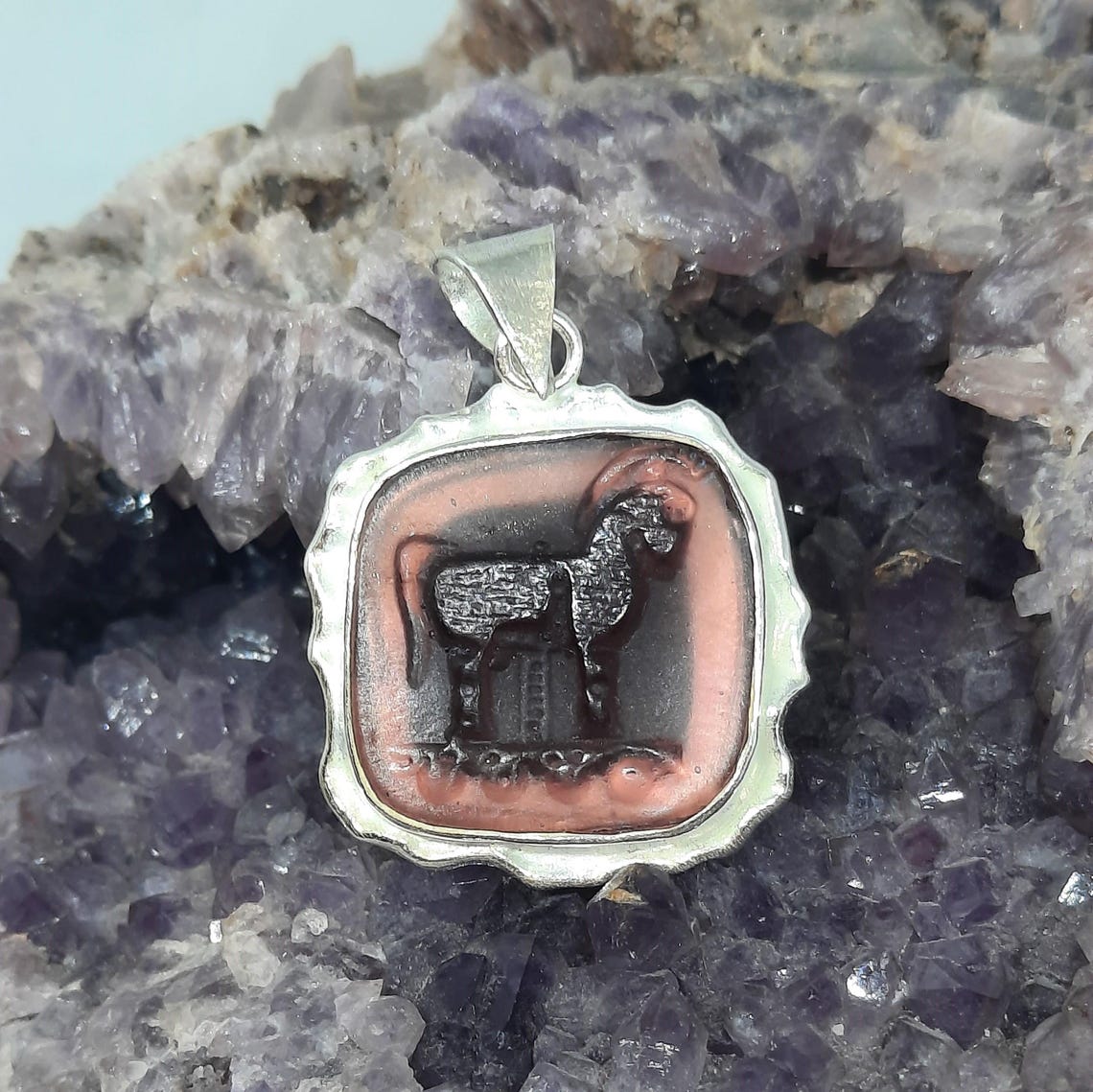 Intaglio Glass Trojan Horse Pendant, Glass Art Intaglio Silver Pendant ...