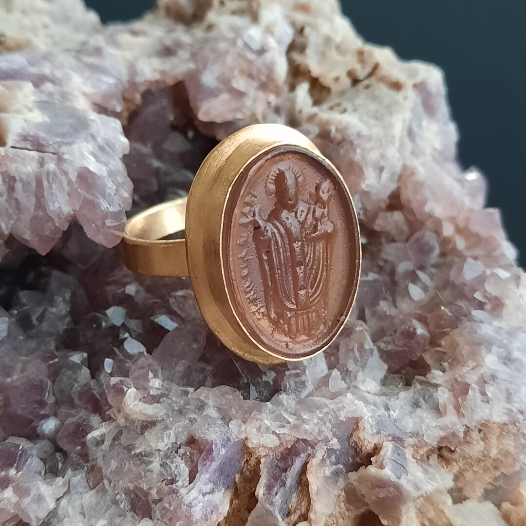 Intaglio Glass Saint Nicholas Ring , Glass Art Intaglio Silver Ring ...