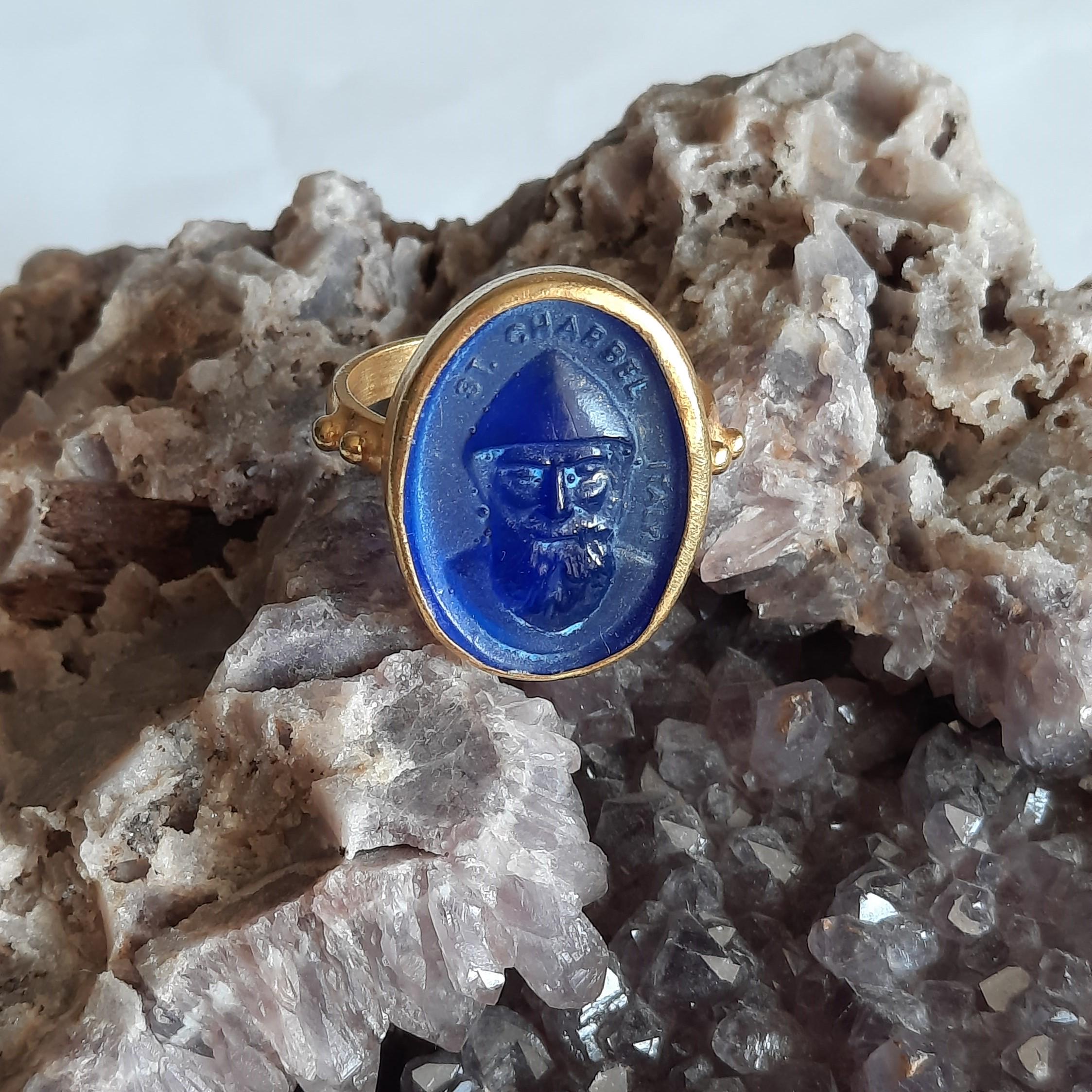 14k Solid Gold Intaglio Glass Saint Charbel Ring , Glass Art Intaglio ...