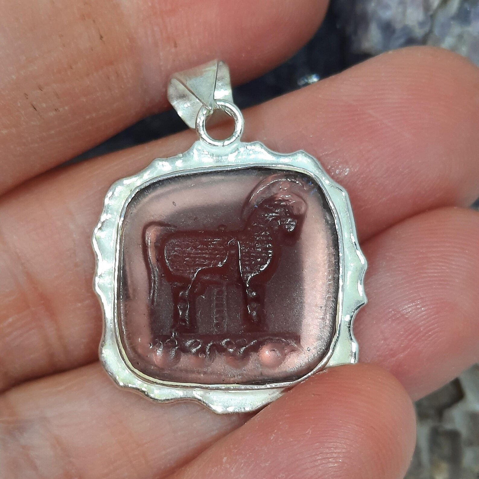 Intaglio Glass Trojan Horse Pendant, Glass Art Intaglio Silver Pendant ...