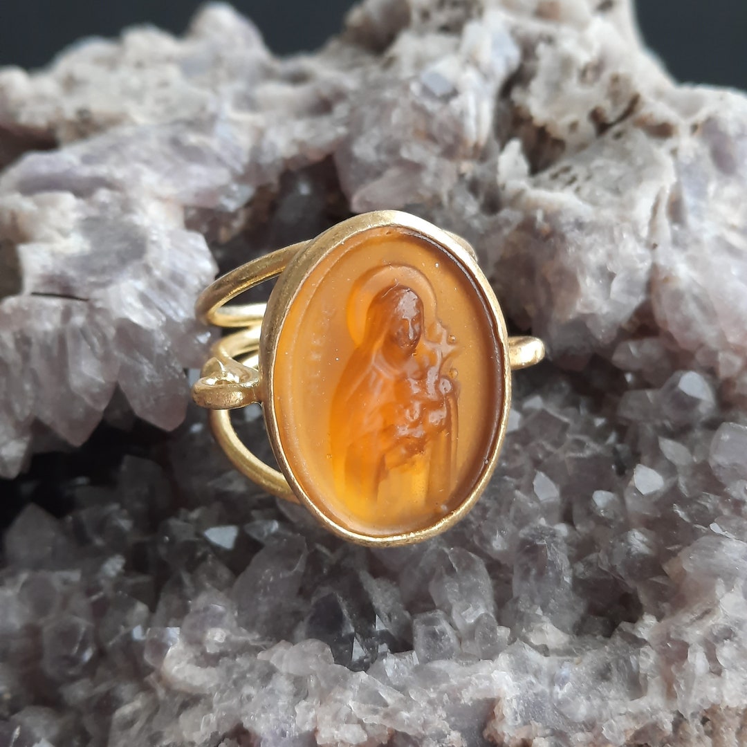 Intaglio Glass Saint Teresa Ring ,glass Art Intaglio Silver Ring ...