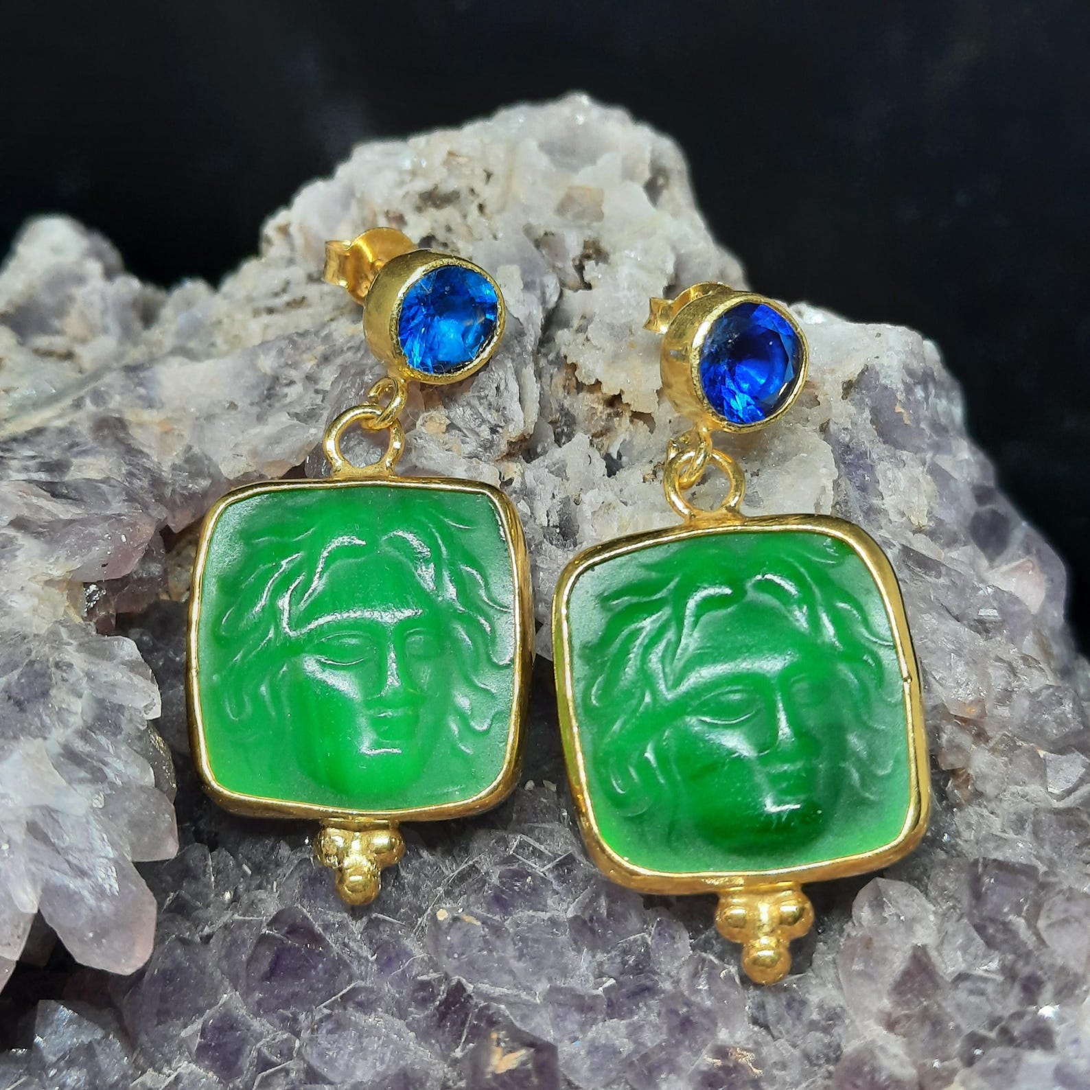 Intaglio Glass Apollon Earrings With Zircon, Glass Art Intaglio Silver ...