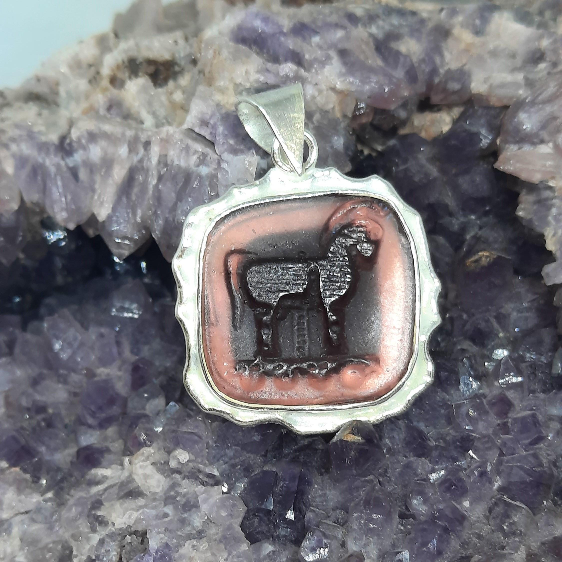 Intaglio Glass Trojan Horse Pendant, Glass Art Intaglio Silver Pendant ...