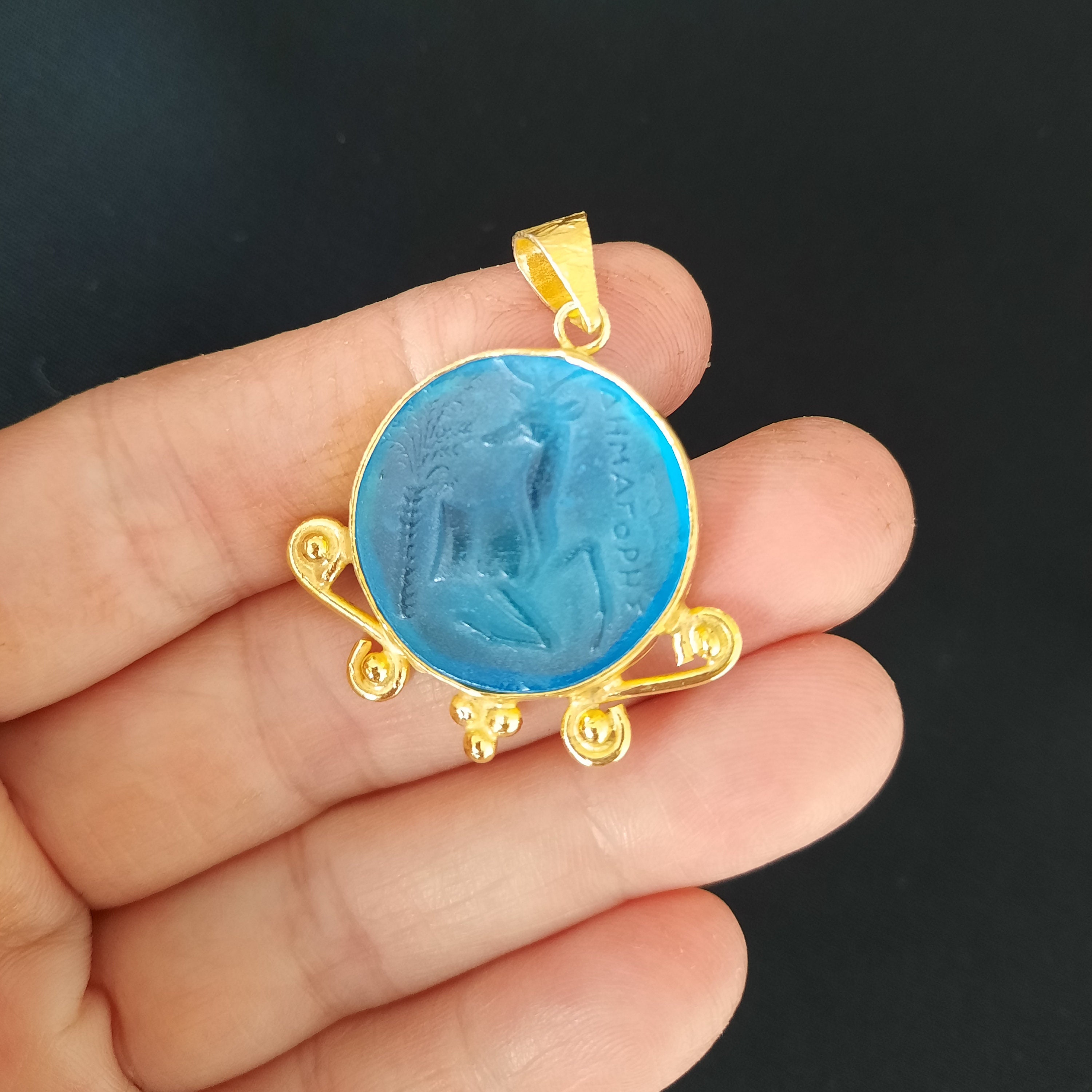 Intaglio Glass Greek Ephesus Deer Pendant Glass Art Intaglio Silver ...