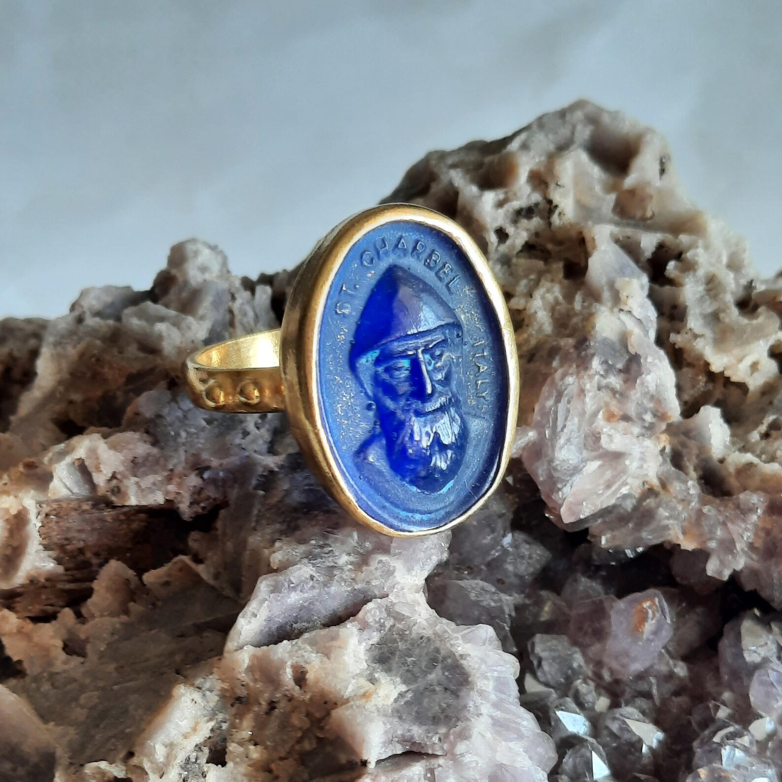 14k Solid Gold Intaglio Glass Saint Charbel Ring , Glass Art Intaglio ...