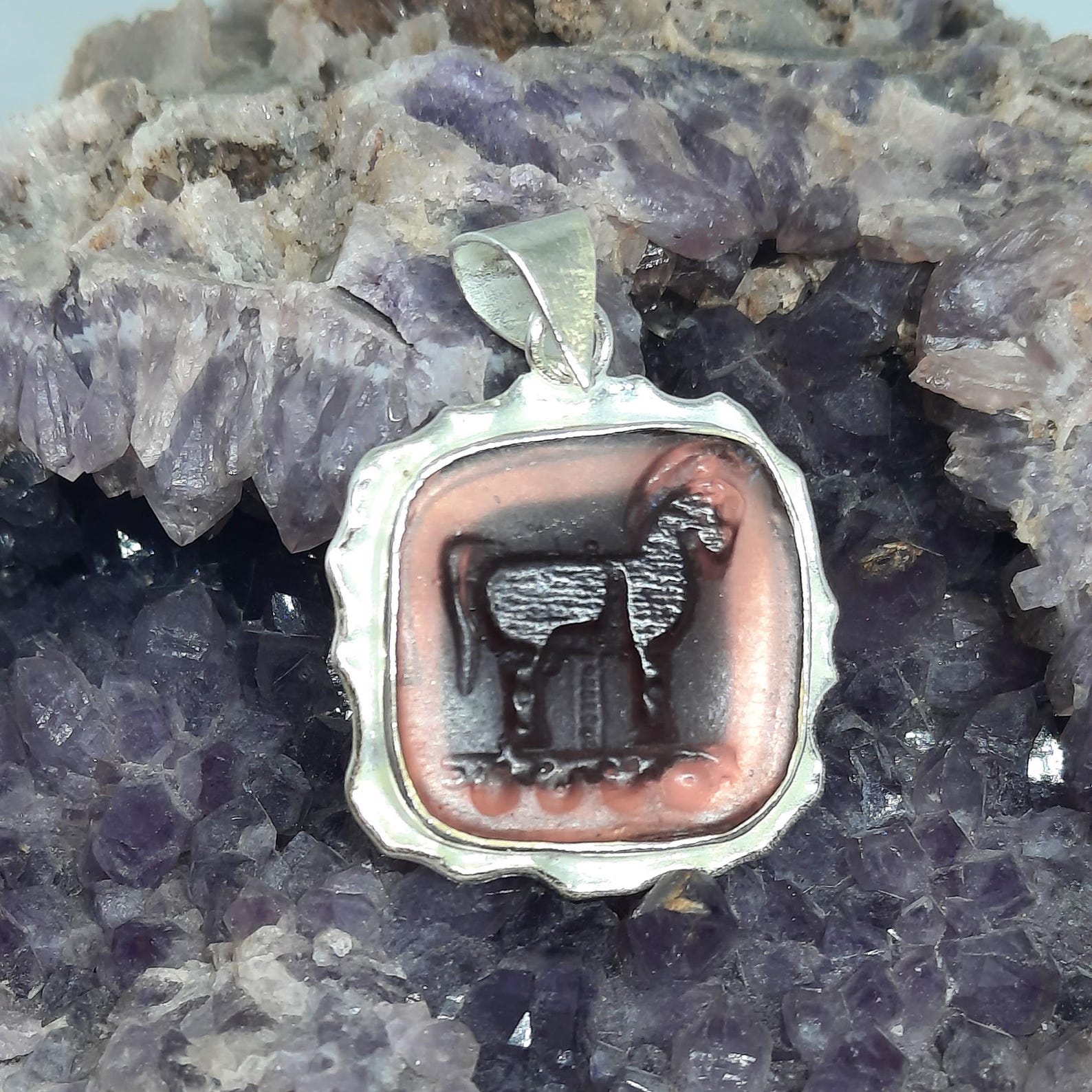 Intaglio Glass Trojan Horse Pendant, Glass Art Intaglio Silver Pendant ...