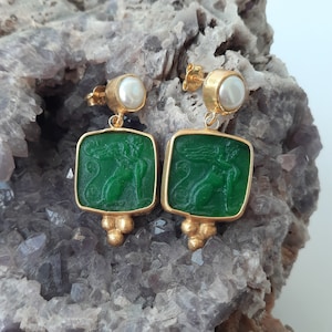 Ancient Greek Sphinx With Pearl Glass Art Intaglio Silver Earring ...
