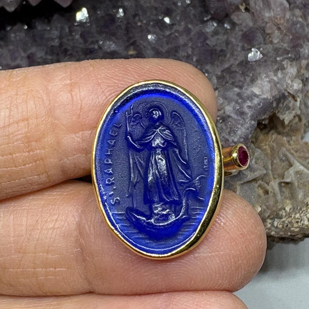Intaglio Glass Saint Raphael Ring ,glass Art Intaglio Silver Ring ...