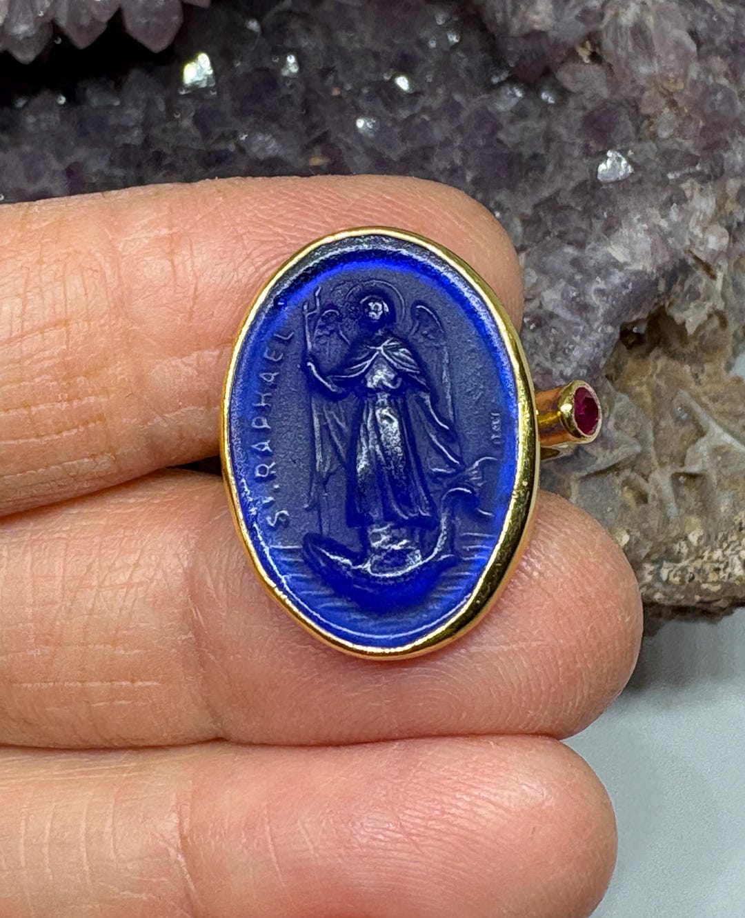 Intaglio Glass Saint Raphael Ring ,glass Art Intaglio Silver Ring ...