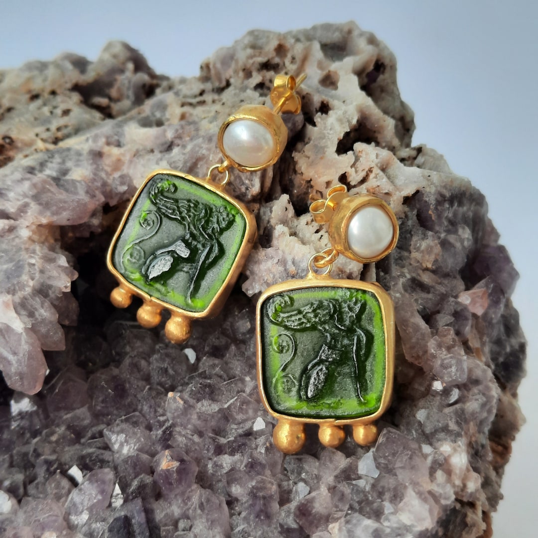 Ancient Greek Sphinx With Pearl Glass Art Intaglio Silver Earring ...