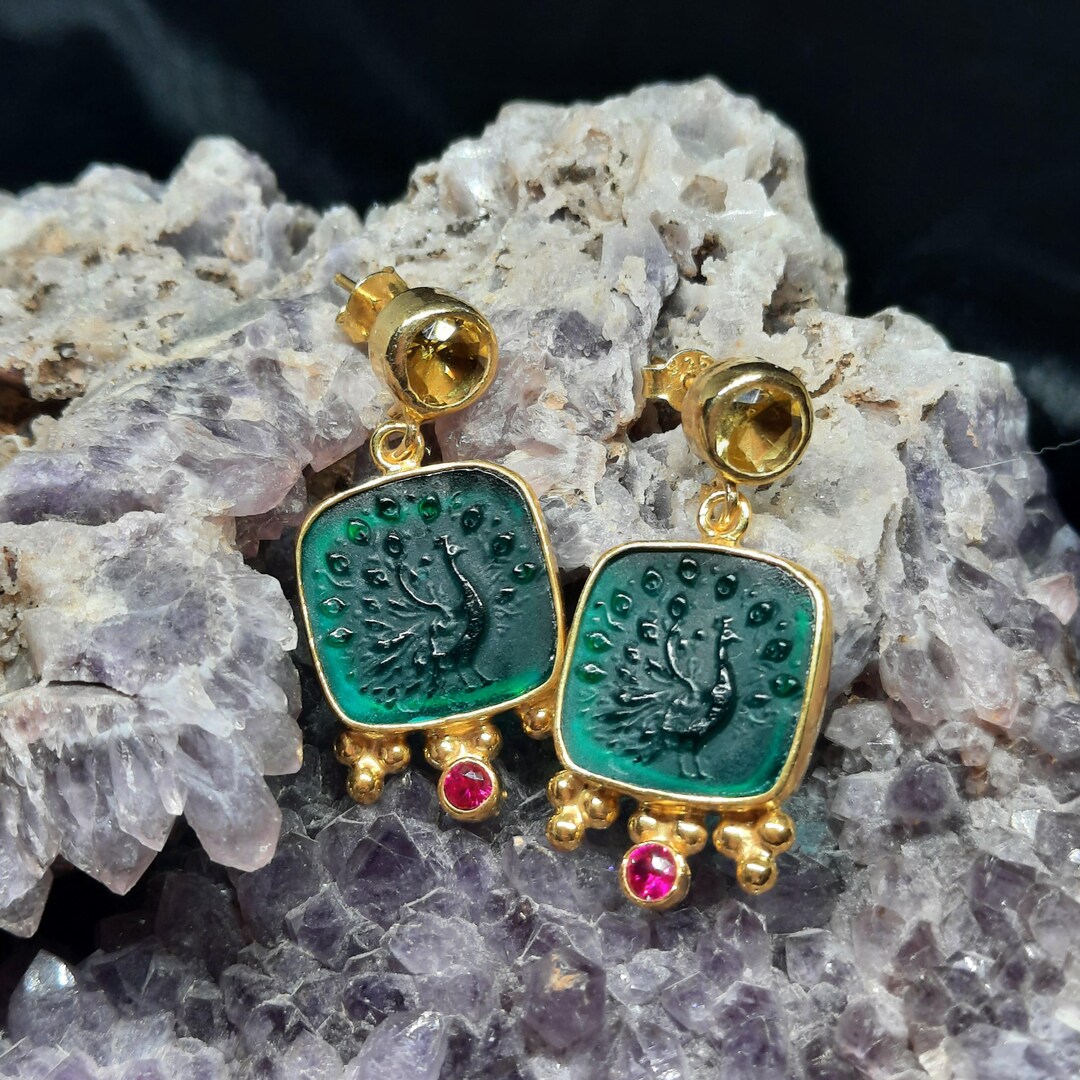 Ancient Greek Peacock With Zircon Glass Art Intaglio Silver Earring ...