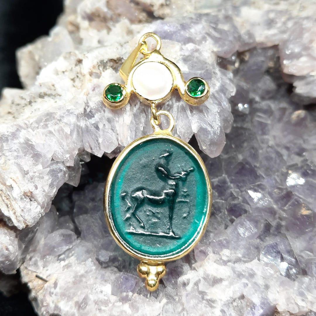 Antique Greek Mythology Centaur Pendant With Pearl, Glass Art Intaglio ...