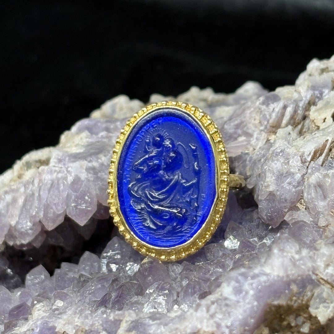 Intaglio Glass Saint Chistopher Ring ,glass Art Intaglio Silver Ring ...