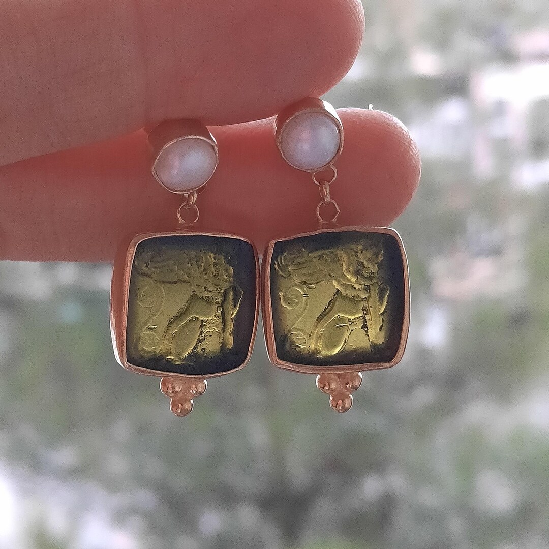 Ancient Greek Sphinx With Pearl Glass Art Intaglio Silver Earring ...