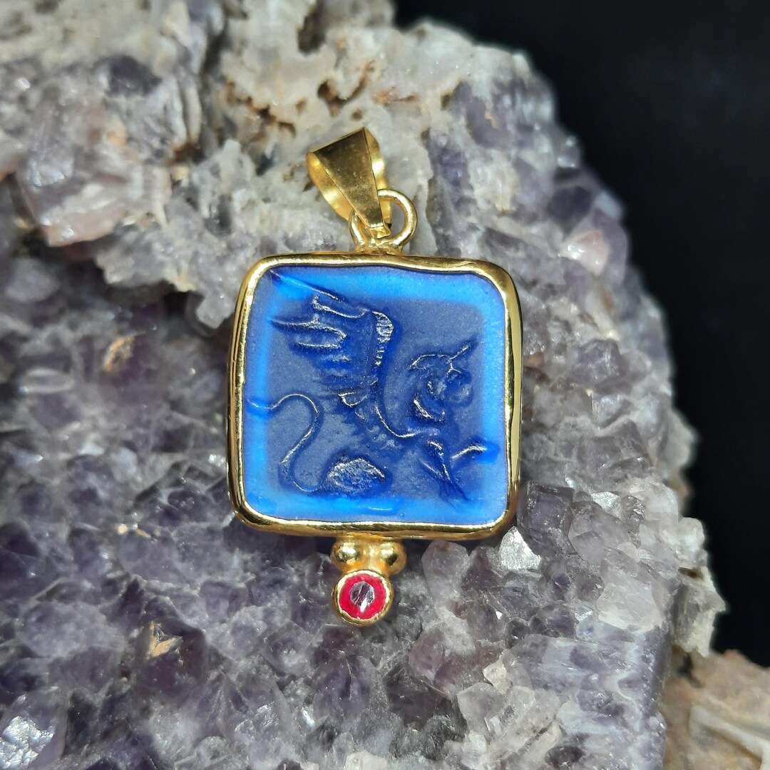 Intaglio Glass the Sphinx Pendant, Glass Art Intaglio Silver Pendant ...