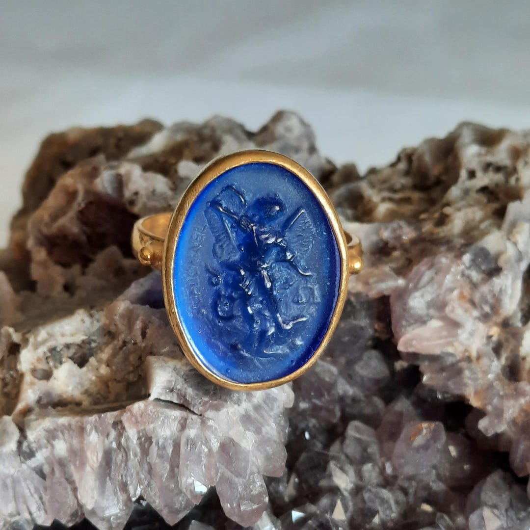 14k Solid Gold Intaglio Glass Saint Michael Ring ,glass Art Intaglio ...