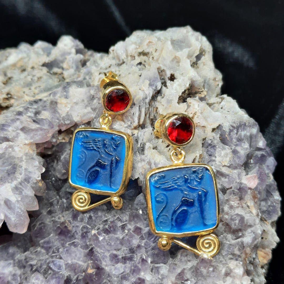 Ancient Greek Sphinx With Zircon Glass Art Intaglio Silver Earring ...