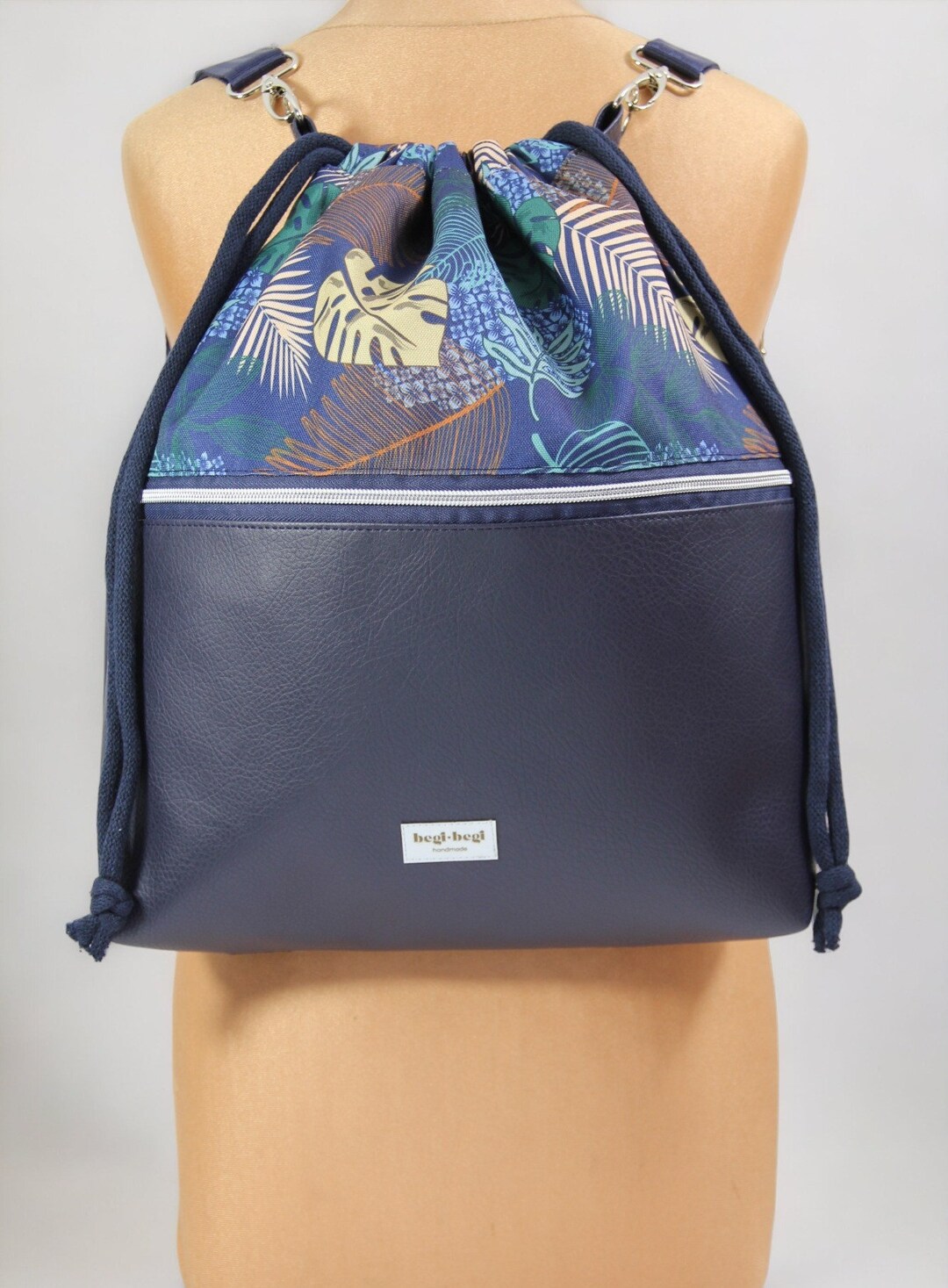 Everyday Big Blue Backpack Convertible to Bag With Leaves Pattern Eco ...