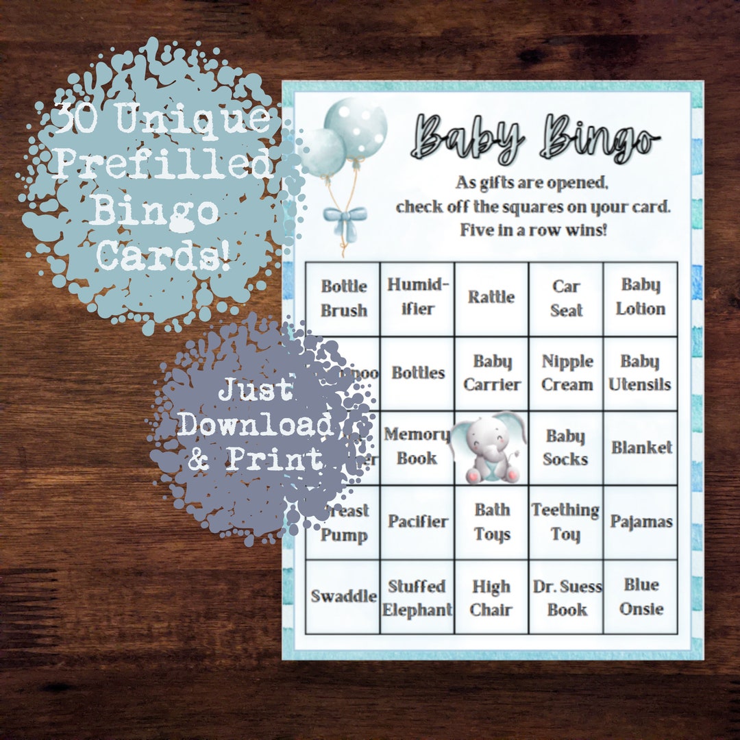 Prefilled Blue Baby Shower Bingo Cards With Instructions - Etsy