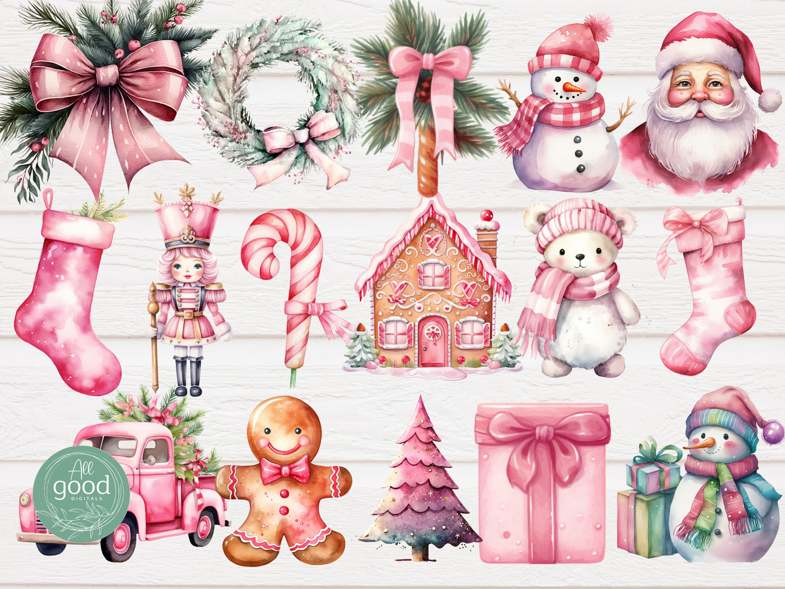 Watercolor Pink Christmas Clipart PNG Bundle Pink Winter Christmas Card ...