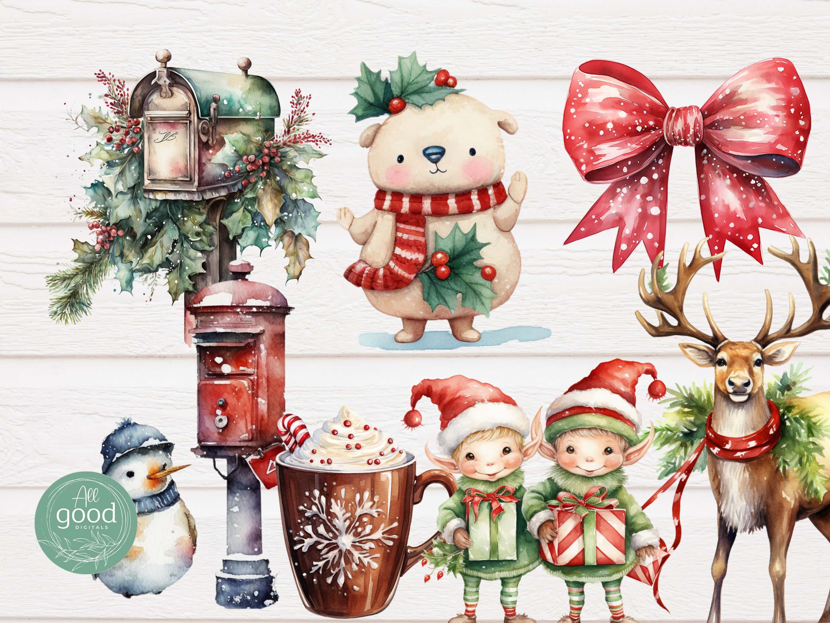 Watercolor Christmas Clipart PNG Bundle Winter Christmas - Etsy