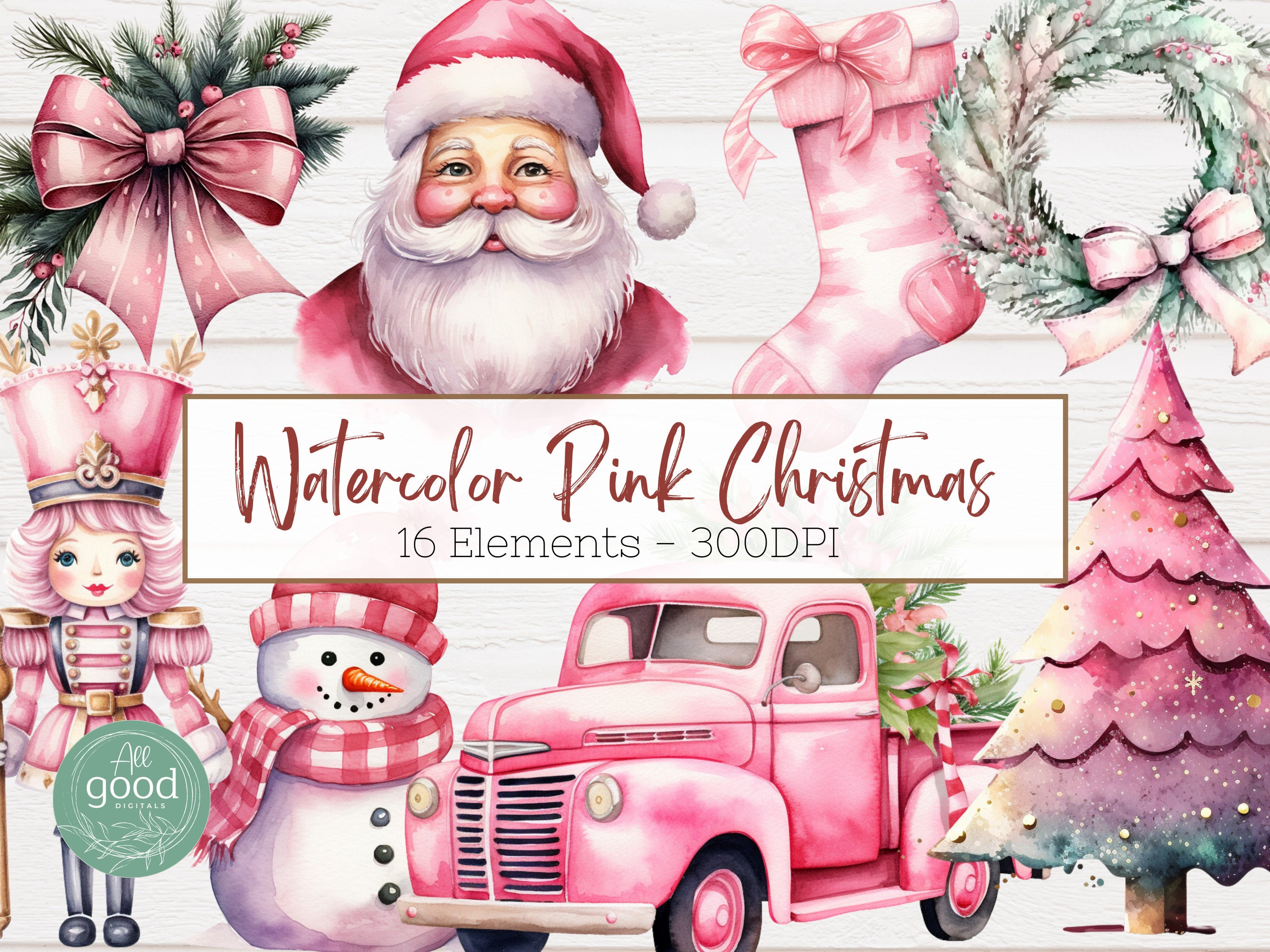 Watercolor Pink Christmas Clipart PNG Bundle Pink Winter Christmas Card ...