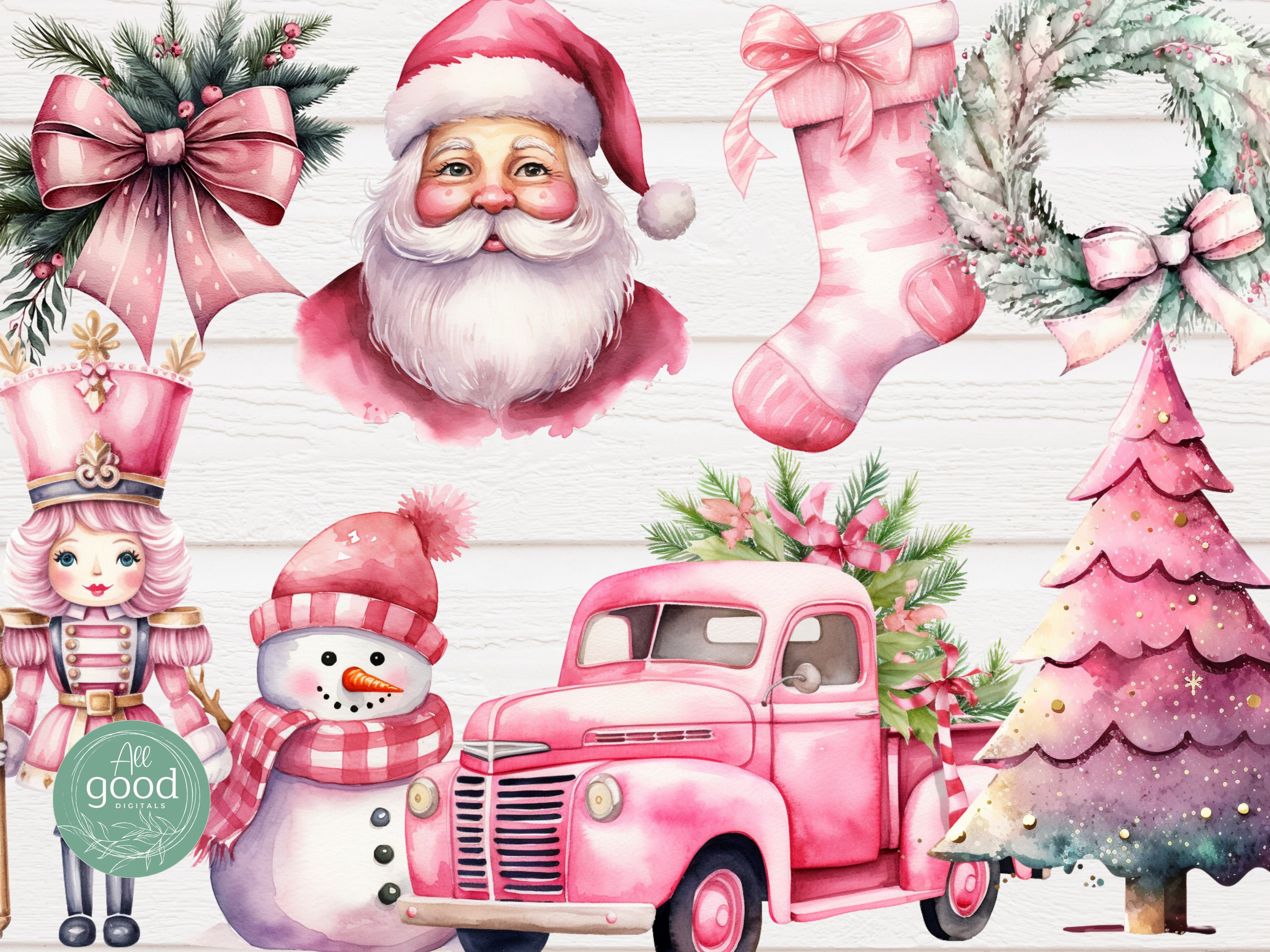 Watercolor Pink Christmas Clipart PNG Bundle Pink Winter Christmas Card ...