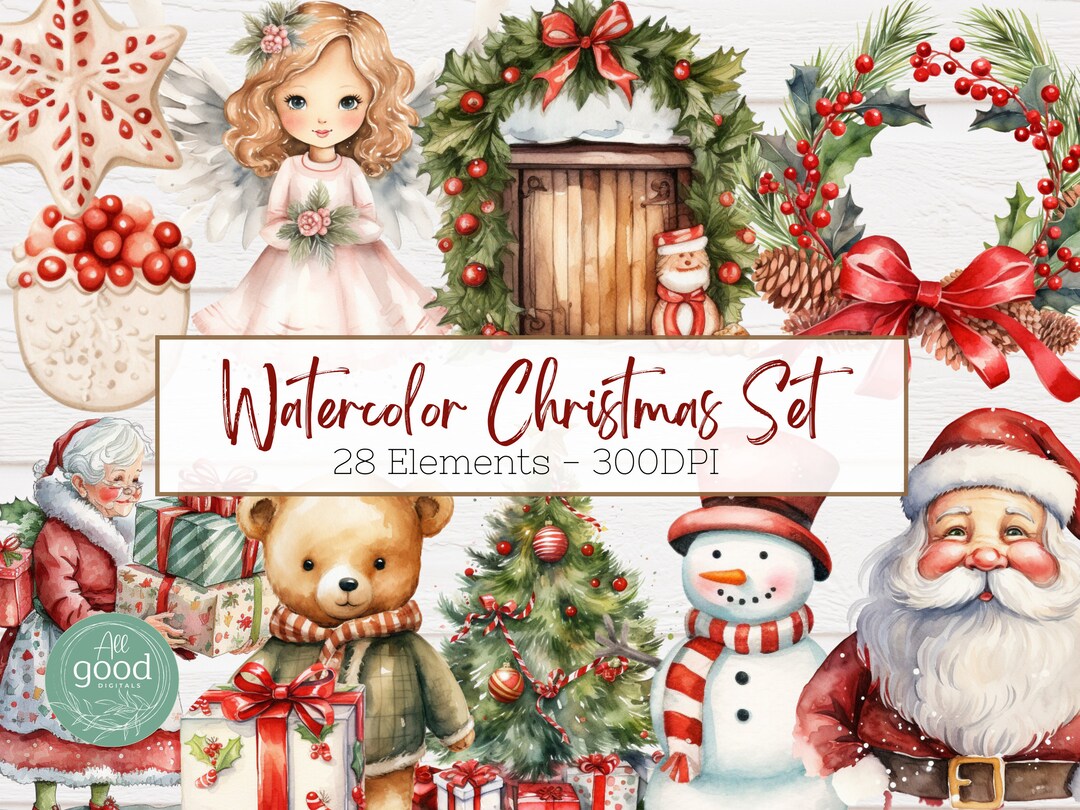 Watercolor Christmas Clipart PNG Bundle Winter Christmas Card Clipart ...