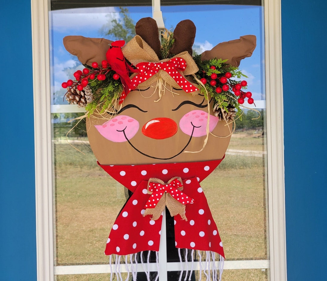 Rudolph Reindeer Door Hanger: Hand-painted Christmas Porch Sign - Etsy
