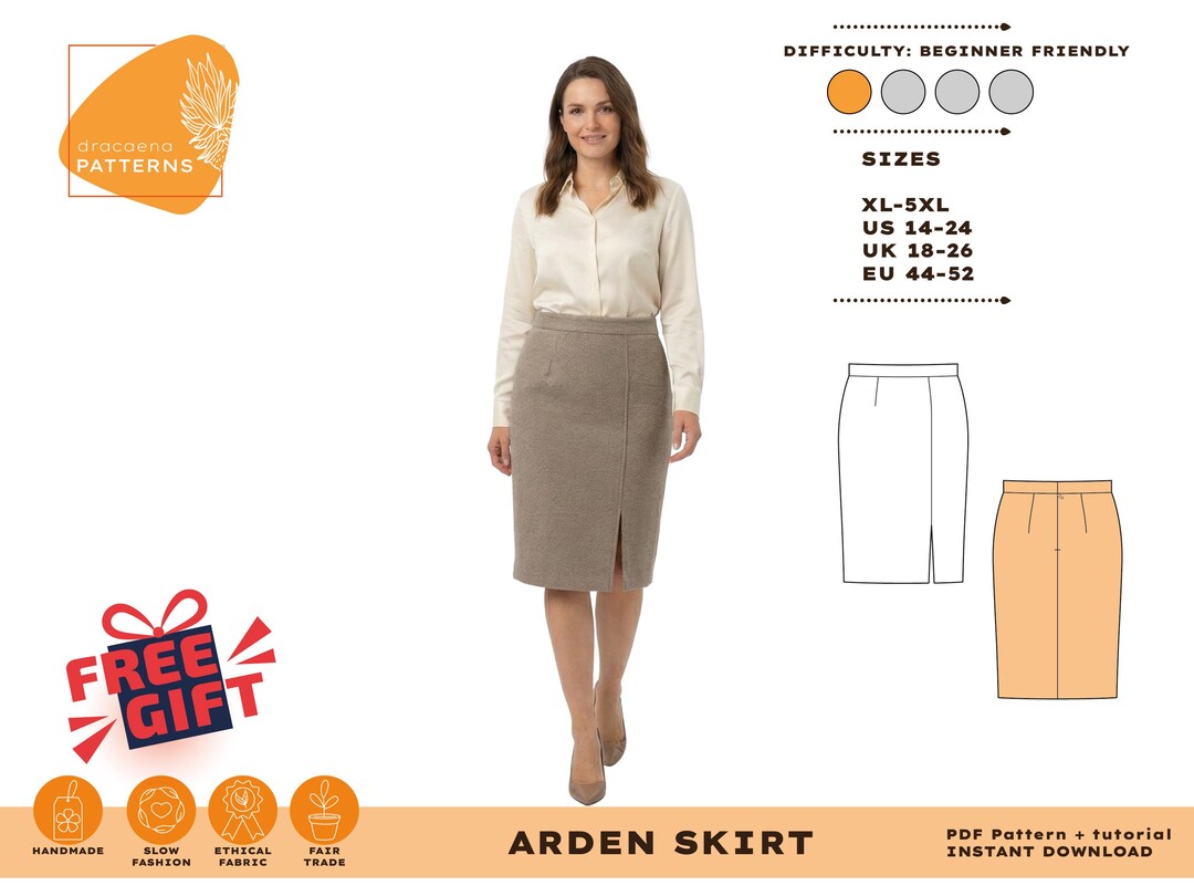 Plus Size Skirt Sewing Pattern PDF, High Waisted Midi Skirt Pattern for ...