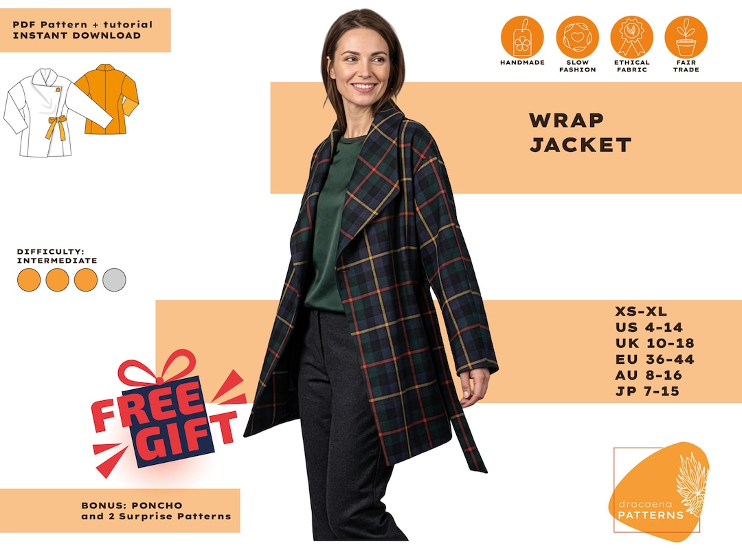 Wrap Jacket PDF Sewing Pattern | XS-XL | Lined Winter Coat | Bouclé ...