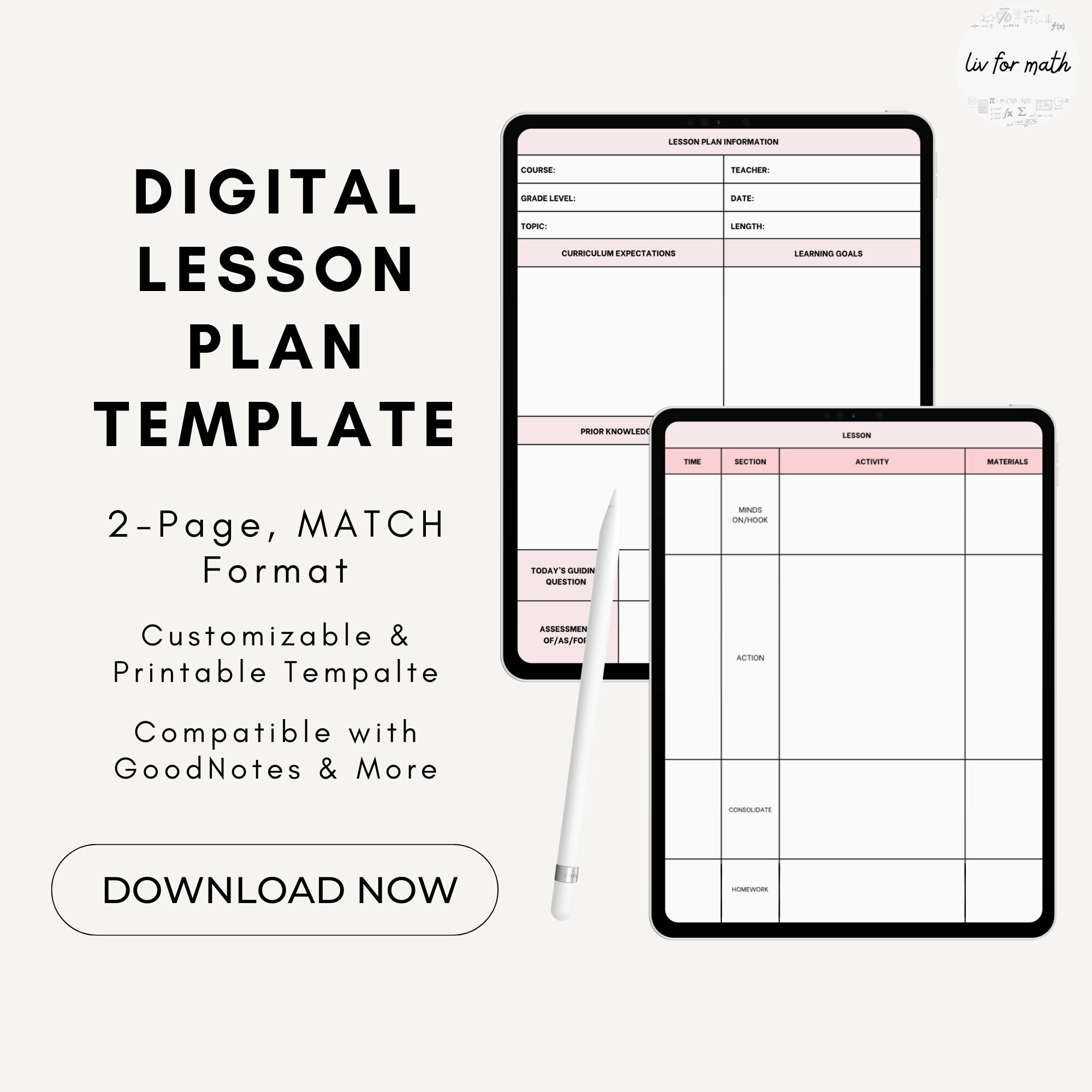 Digital Lesson Plan Template • 2-page MATCH Format • Customizable ...