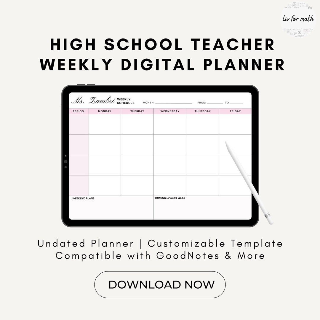 Weekly Digital Planner for High School Teachers • Semestered/4 Class ...