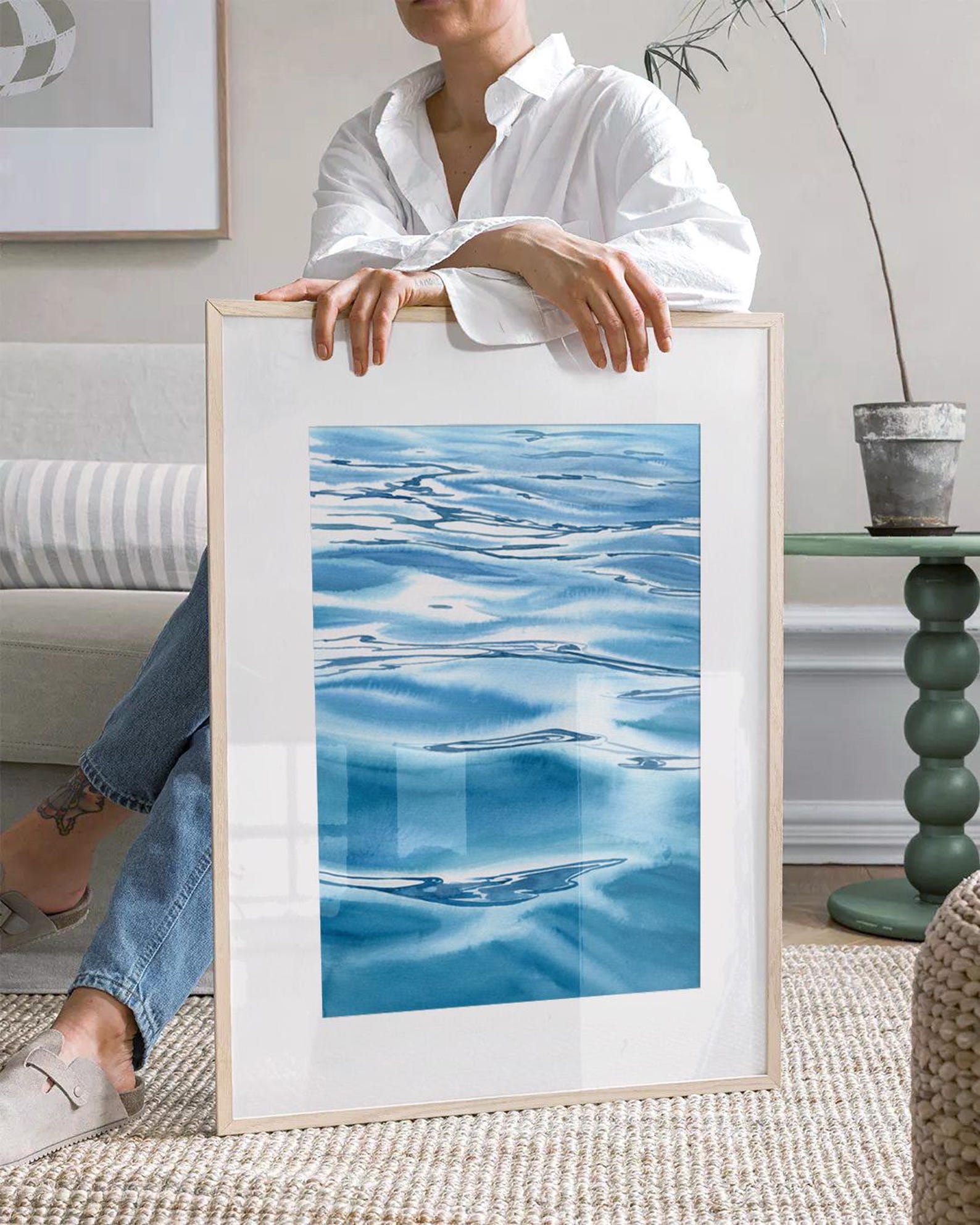 Realistic Water Painting Blue Tranquil Watercolour Print Water Ripples ...