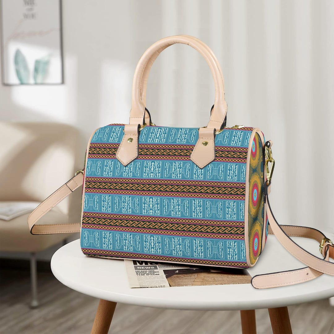 African Ndop Vegan Leather Boston Handbag - Khaki Handle With Strap ...